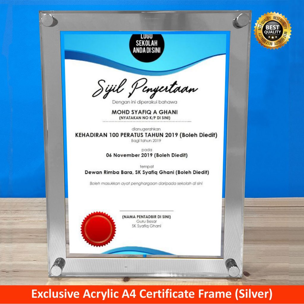 5144 Acrylic A4 Size Certificate Frame (SILVER) – iTrophy